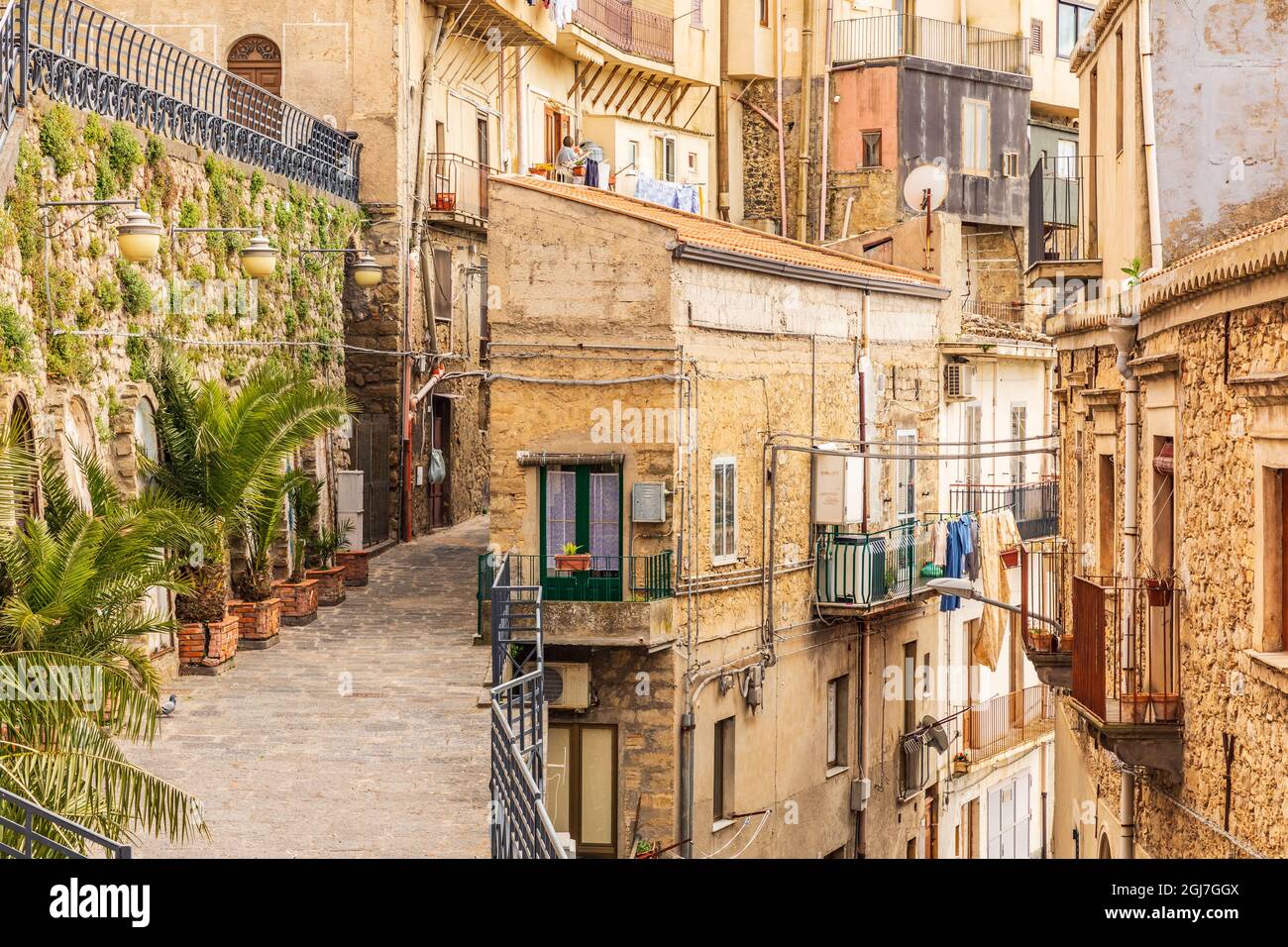 Italy, Sicily, Enna Province, Centuripe. Rustic buildings in the hill ...