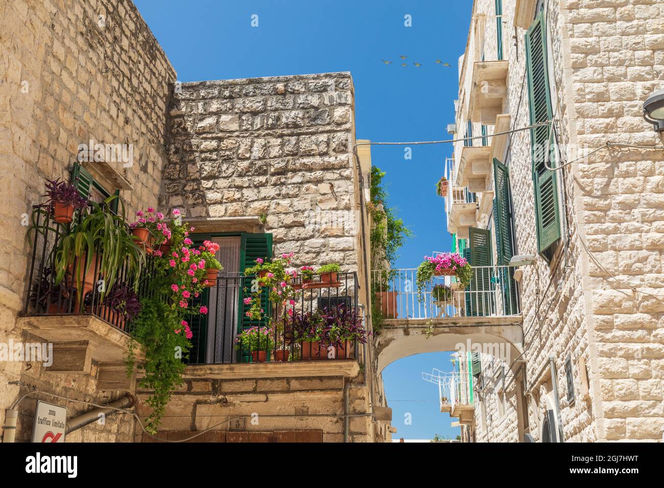 Italy, Apulia, Metropolitan City of Bari, Molfetta. Balconies and a ...