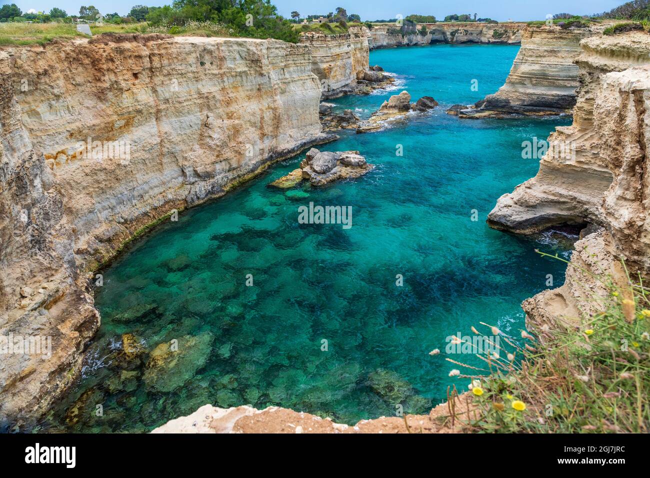 Italy, Apulia, Province of Lecce, Melendugno. The Faraglioni (limestone ...