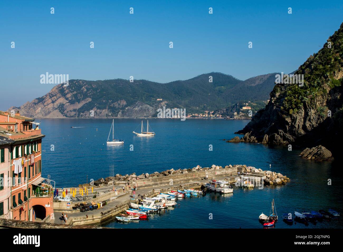 Vernazza harbor with Monterosso al Mare, in distance, Cinque Terre ...
