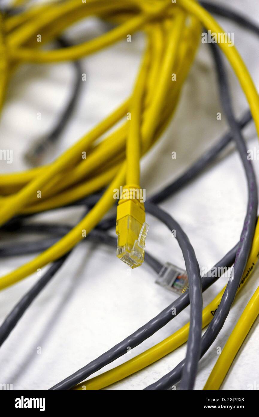 Yellow and grey network cables Stock Photo - Alamy