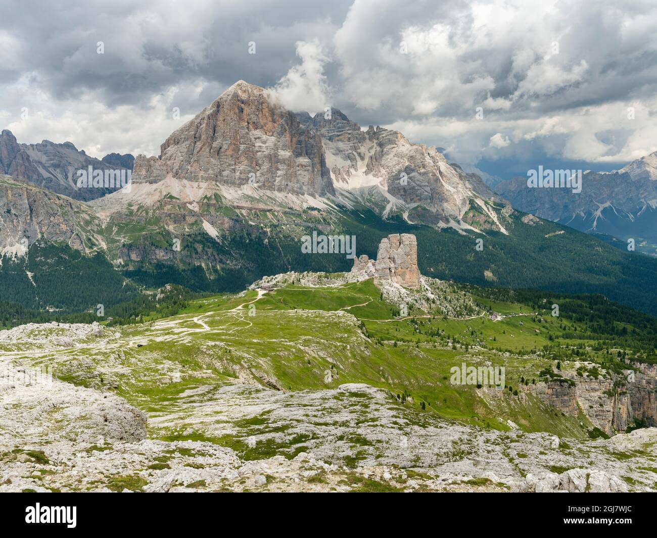 Peaks of Tofane and the Cinque Torri (foreground) in the Dolomites of ...