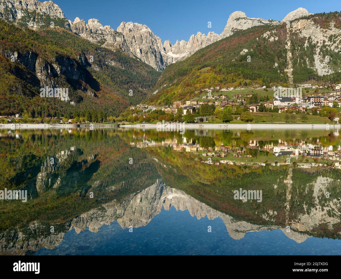 Molveno at lake Lago di Molveno in the Dolomiti di Brenta, part of ...
