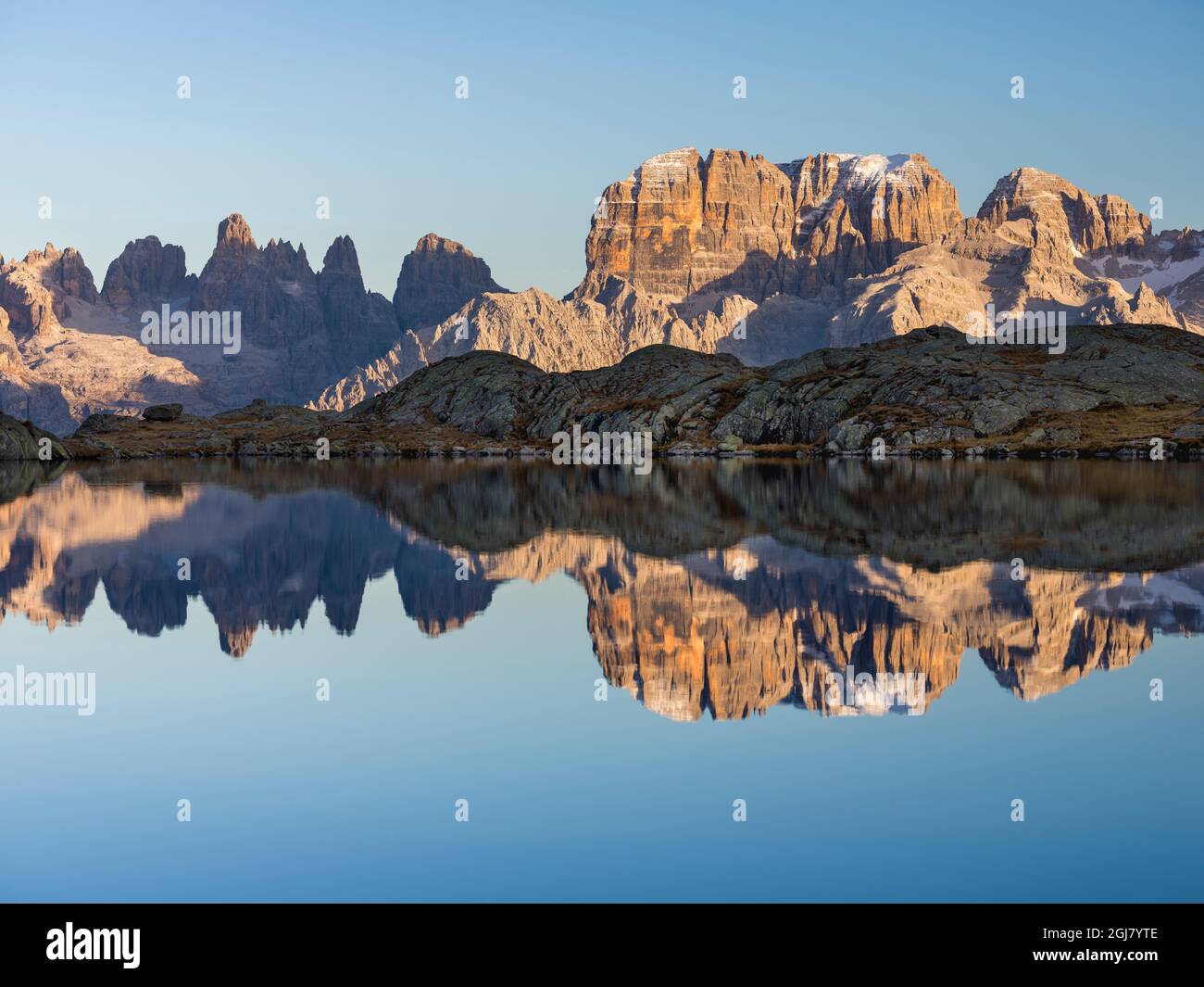 The summits of Brenta mountain range are reflected in Lago Nero. Brenta ...