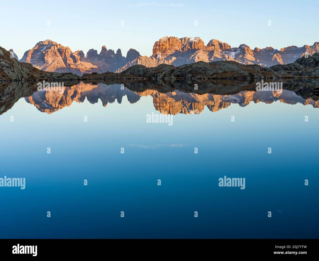The summits of Brenta mountain range are reflected in Lago Nero. Brenta ...