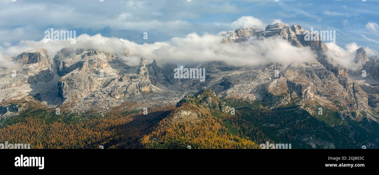 The summits of Brenta mountain range towering above Madonna di ...