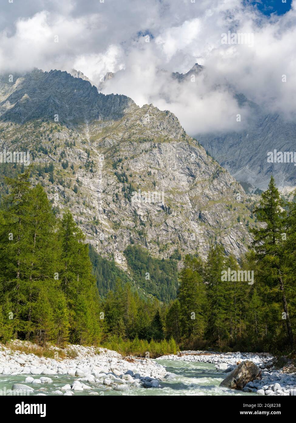 River Sarca, view towards Presanella mountain range. Val di Genova in ...