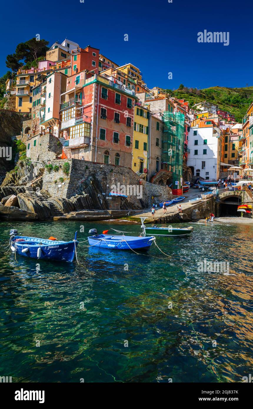 Colorful houses and boats in the harbor, Riomaggiore, Cinque Terre, Liguria, Italy. (Editorial ...