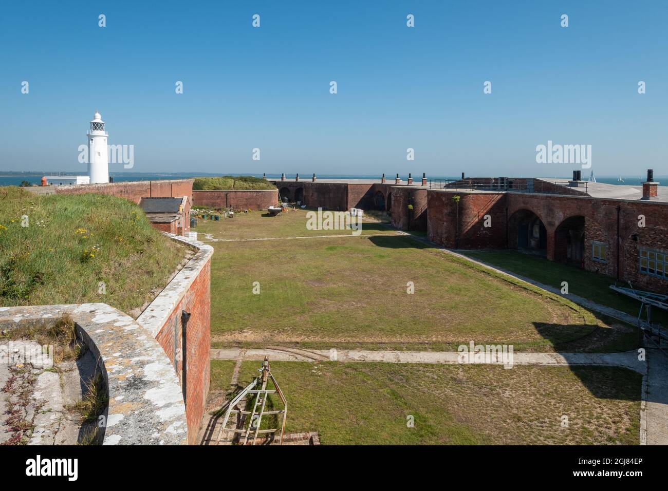 View of Hurst Castle east wing and Hurst Point Lighthouse in Hampshire ...