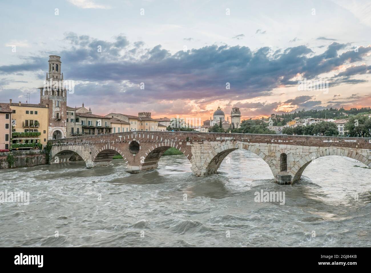 Italy, Verona. Ponte Pietra (Roman Bridge) at Sunset Stock Photo - Alamy