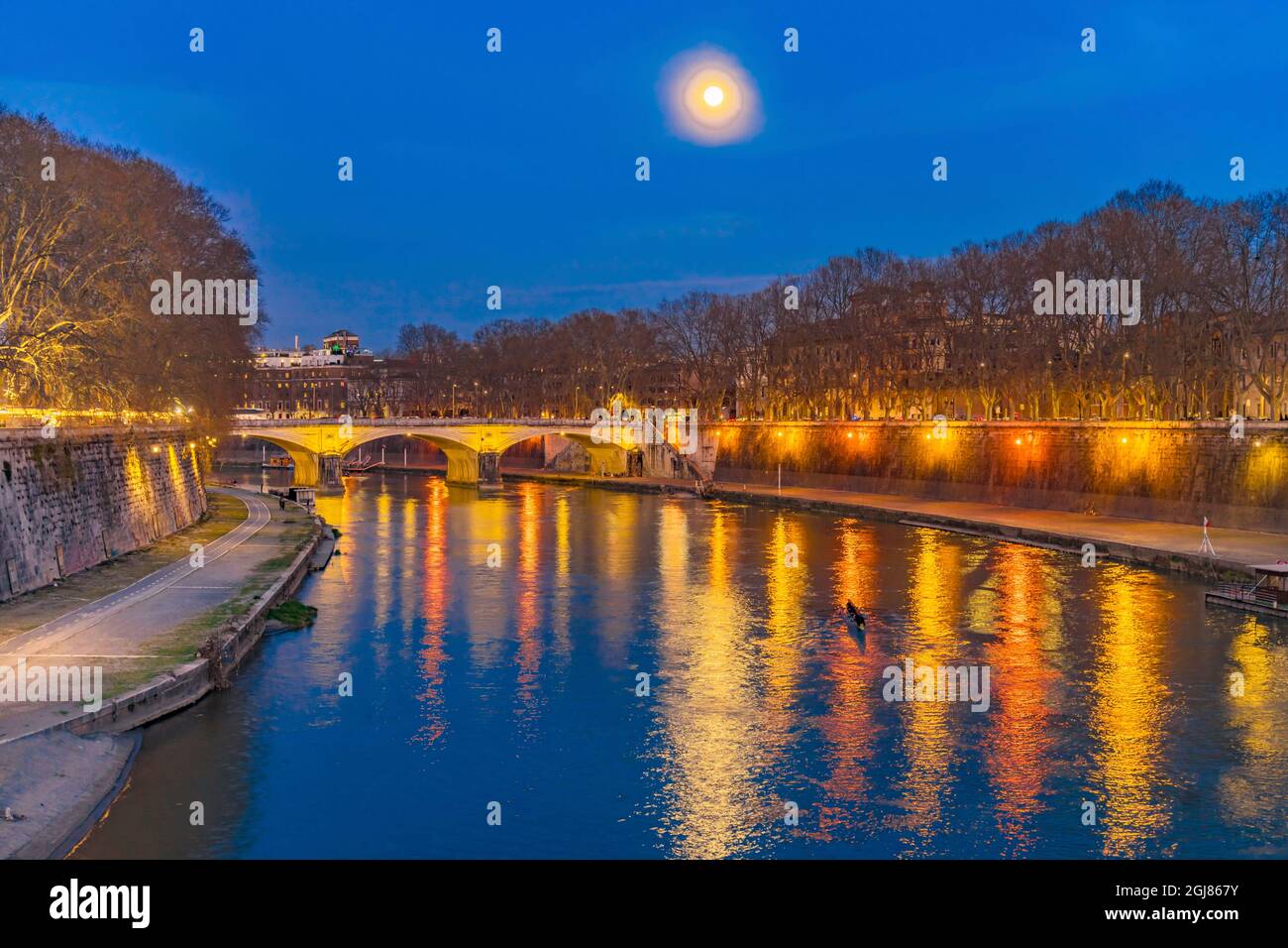 Colorful night, rowing boat, Ponte Saint Angelo Tiber River, Rome ...