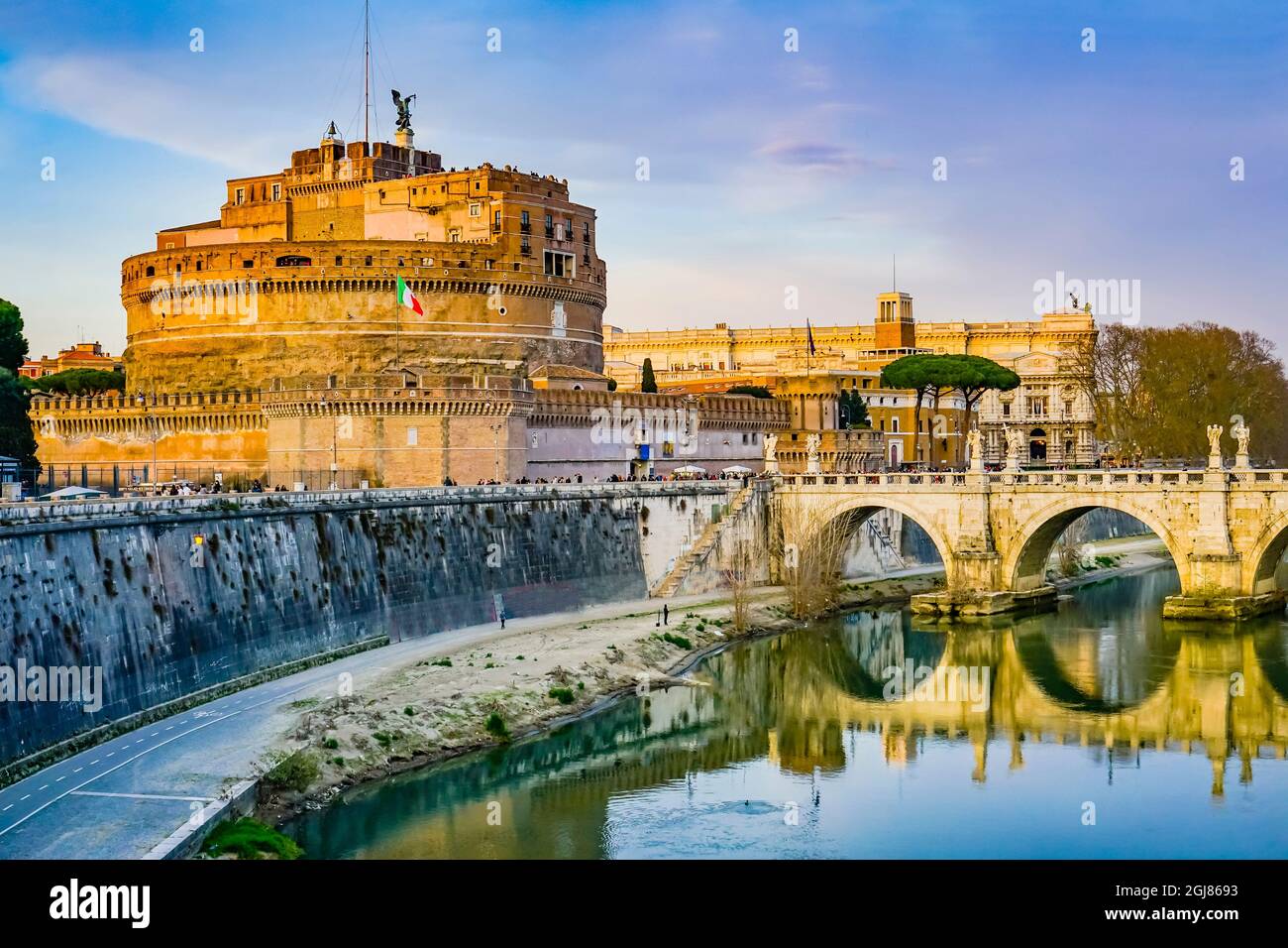 Street lamp, Ponte Bridge, Castel Saint Angelo, Tiber River reflection, Rome, Italy. Bridge ...