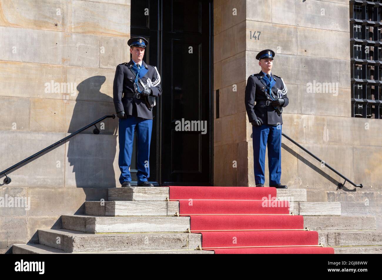 Europe, Netherlands, Amsterdam. Guards at The Royal Palace of Amsterdam ...