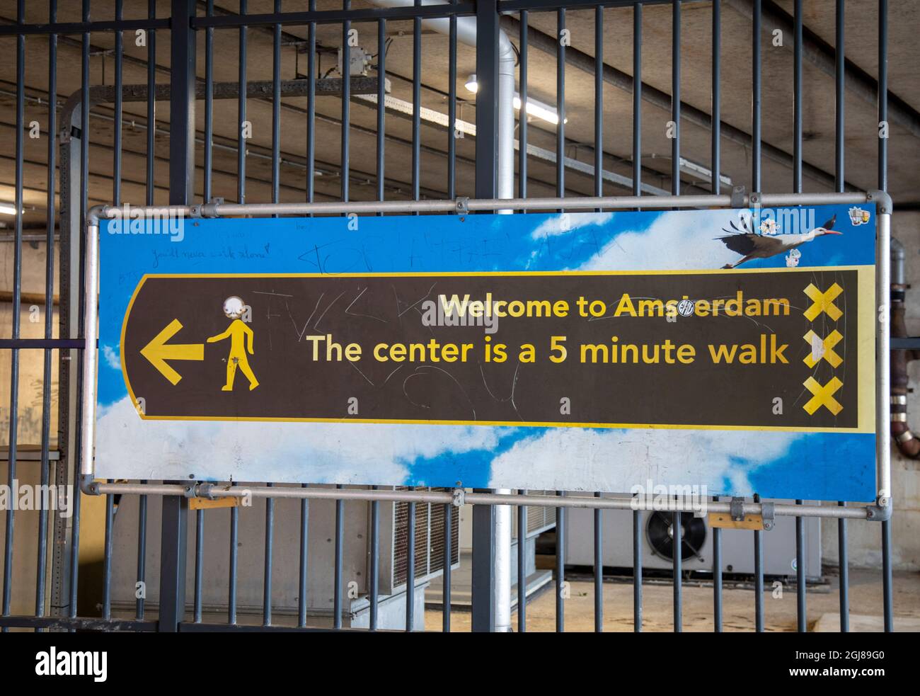 Europe, Netherlands, Amsterdam. Welcome and directional sign to city ...