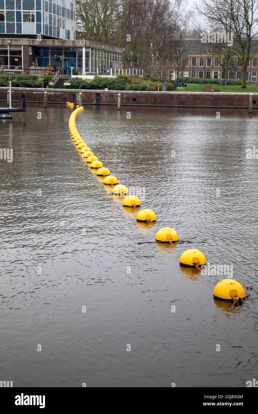 Europe, Netherlands, Amsterdam. Line of yellow ball line floating ...