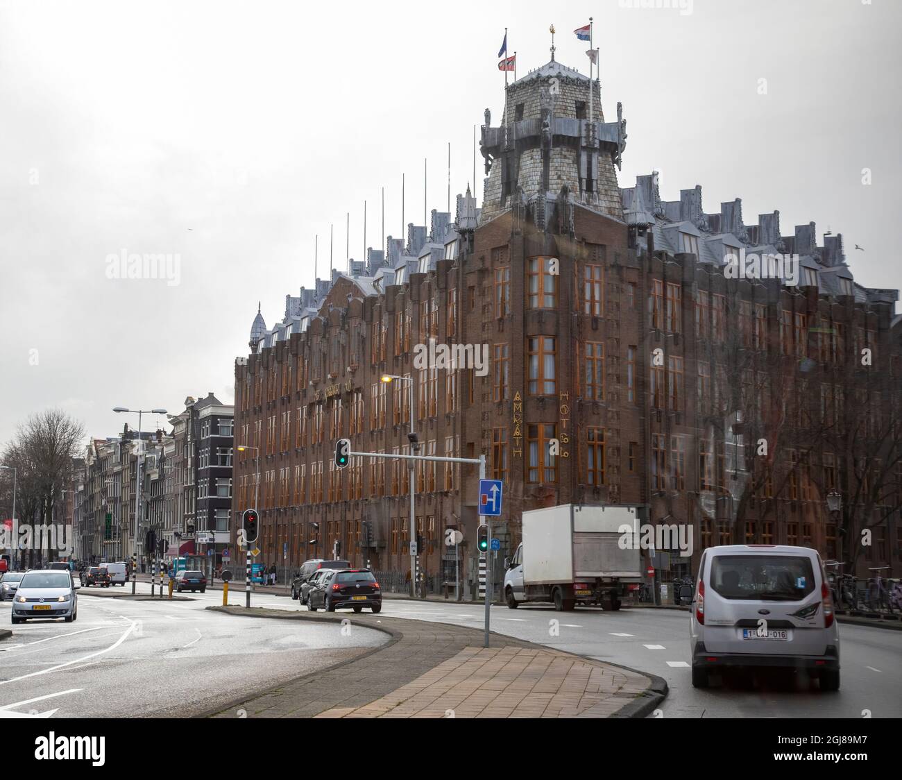 Europe, Netherlands, Amsterdam. Grand Hotel Amrath and street scene ...