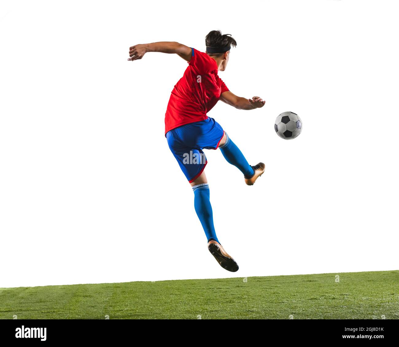 Full-length horizontal portrait of one male soccer football player ...