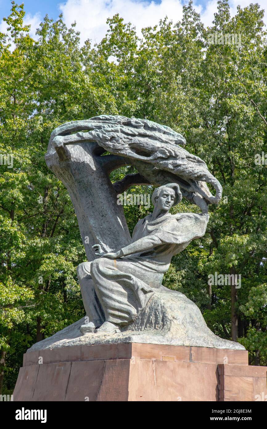 Statue of Chopin located in Lazienki Park in Warsaw alongside a lake ...
