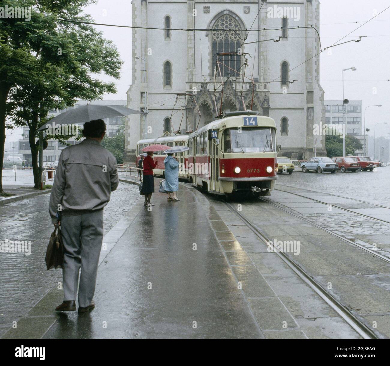 FILE PRAGUE 1991. Tram 14 in front of the church in the district Letna ...