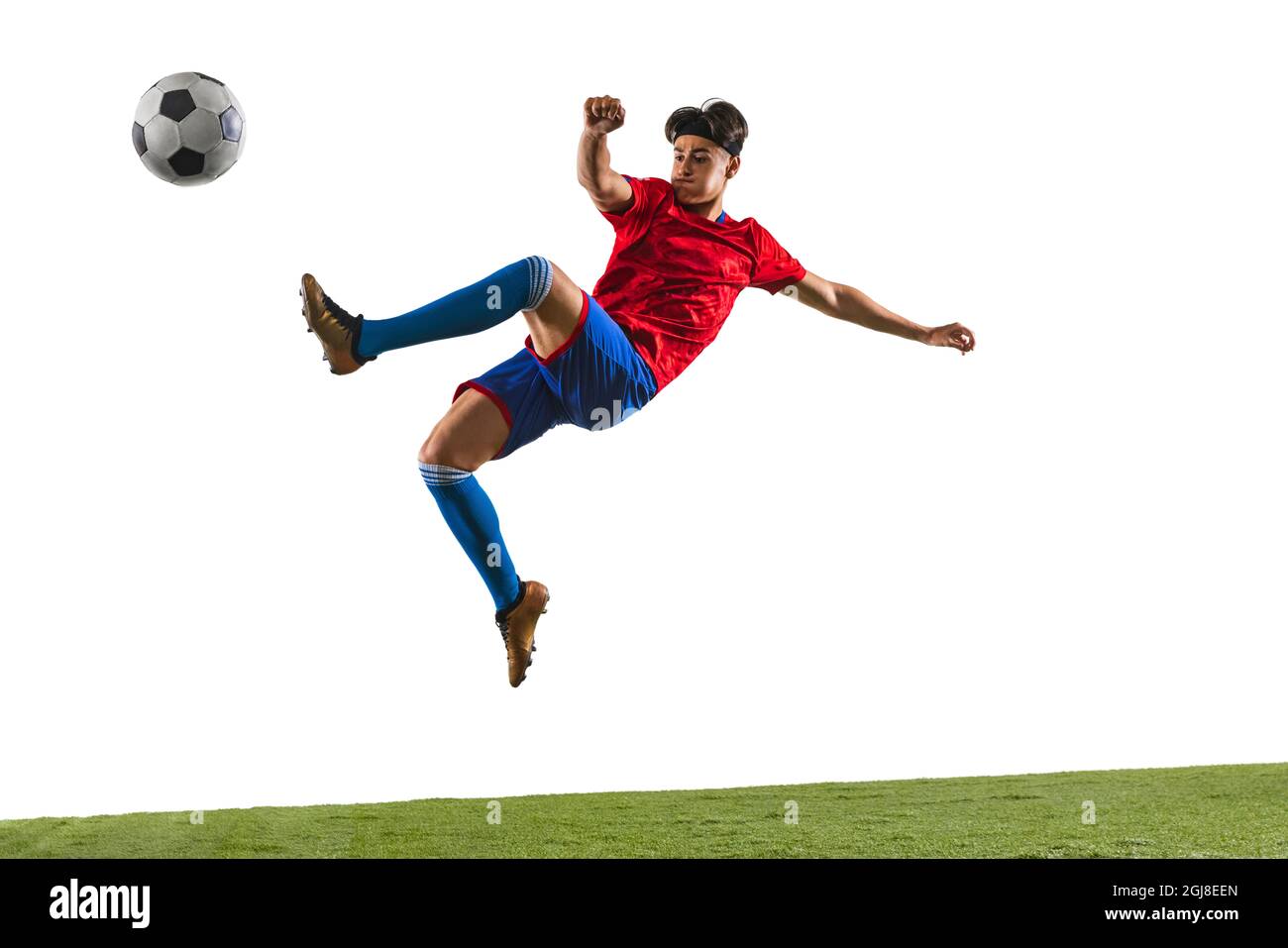Full-length horizontal portrait of young man, soccer football player ...