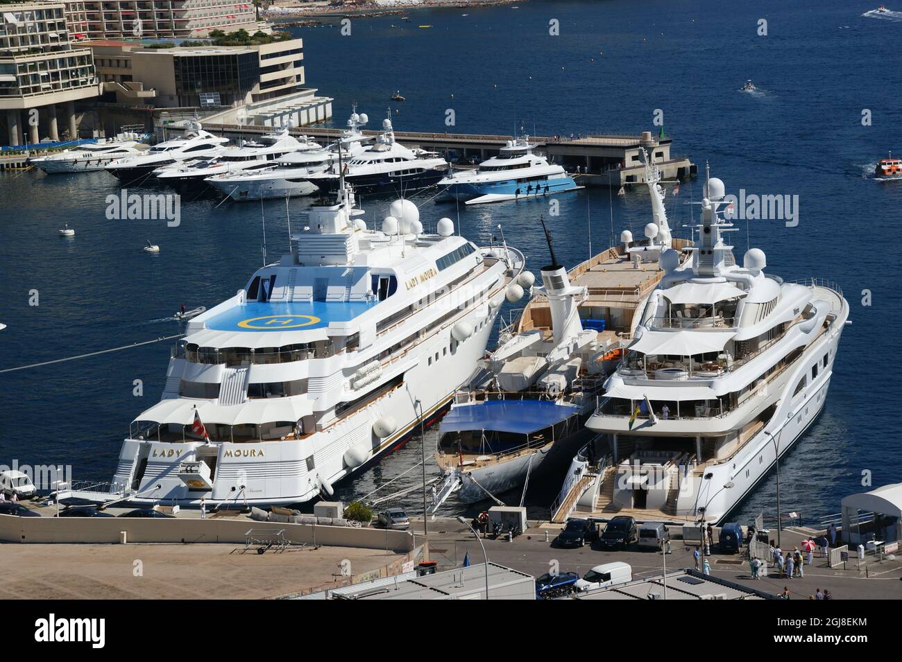 MONACO, MONACO - Aug 09, 2011: A top view of big ships located in ...