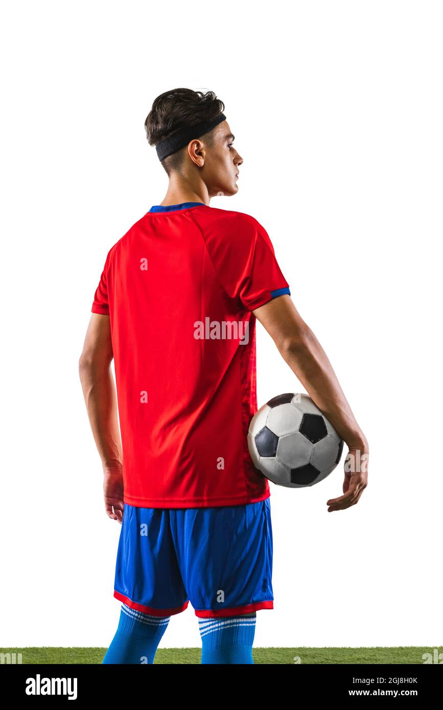 Back view portrait of young caucasian soccer football player i uniform ...