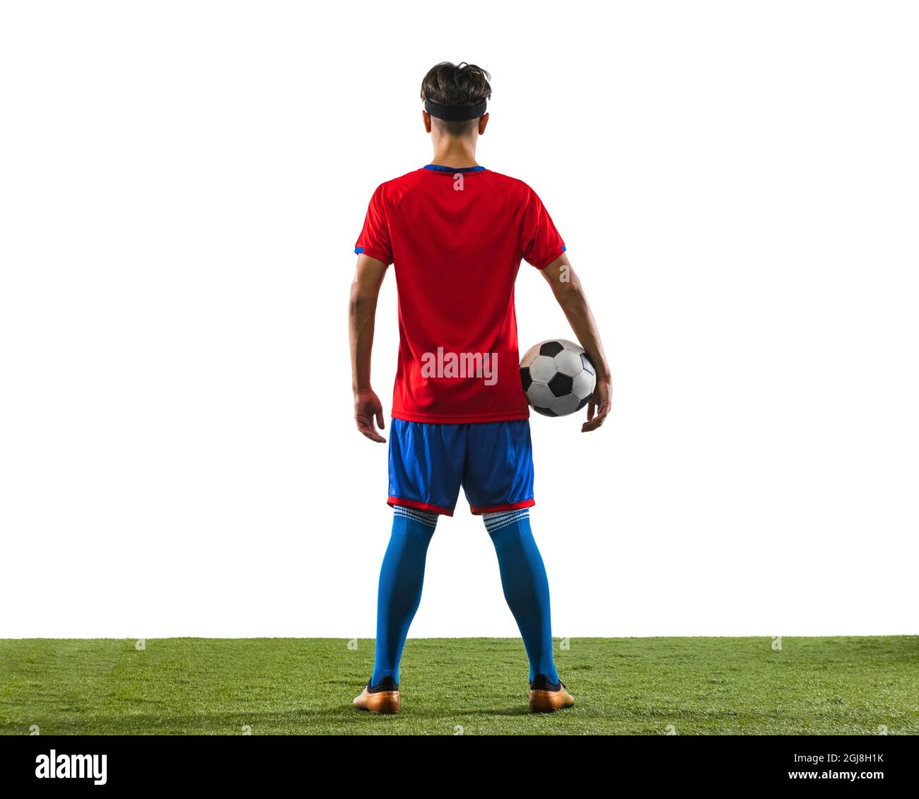 Back view portrait of young caucasian soccer football player i uniform ...