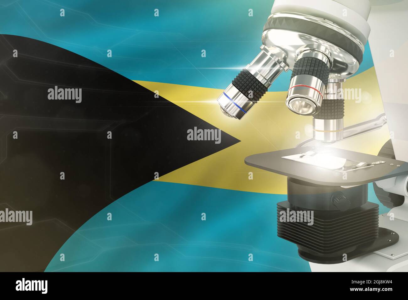Bahamas science development concept - microscope on flag background ...