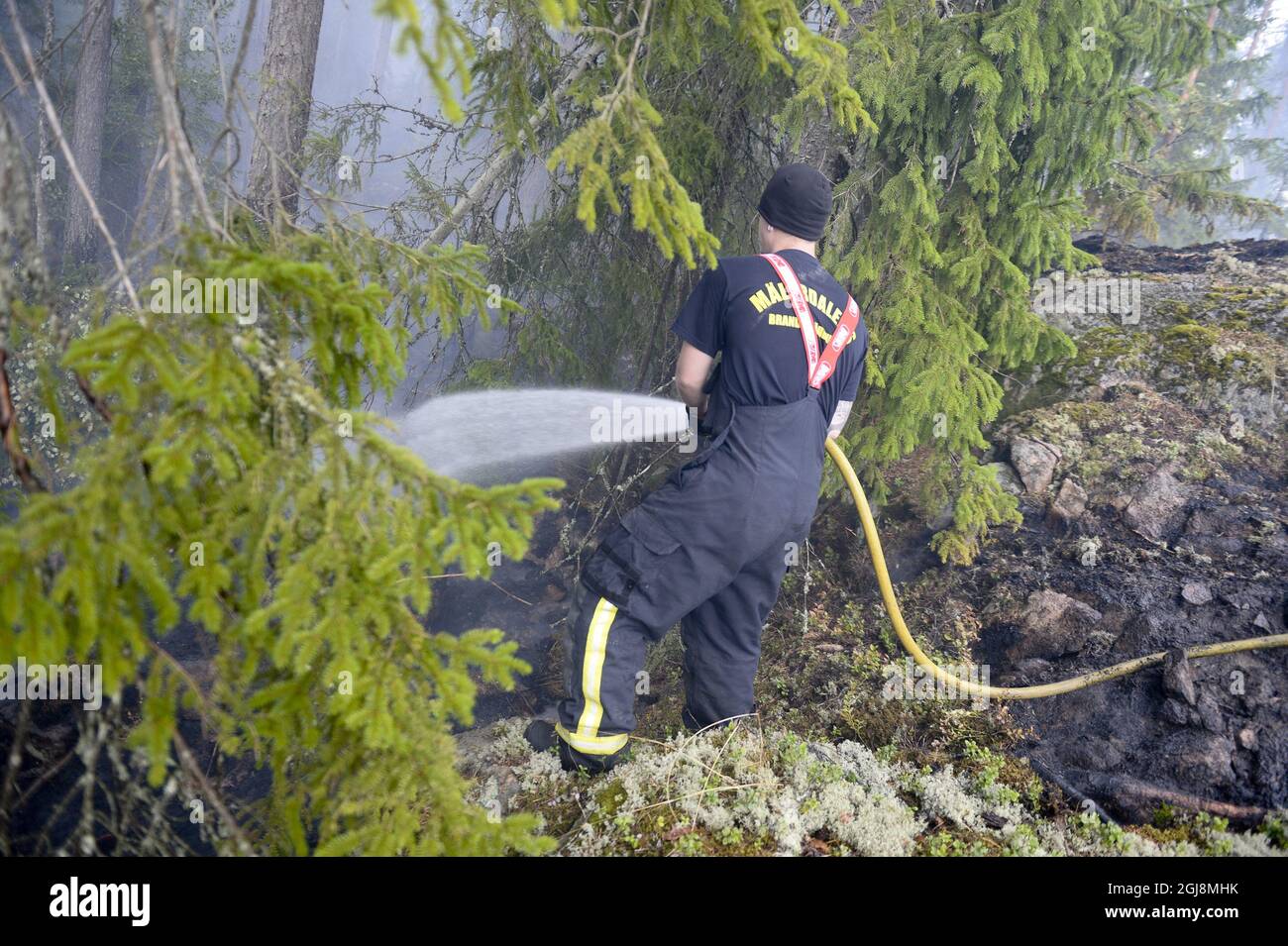 Seglingsberg 20140806 A firefighter hoses down the underbrush near ...