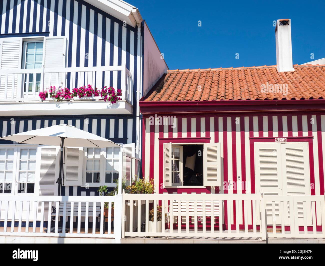 Portugal, Costa Nova. Colorful houses Palheiros striped homes Stock ...