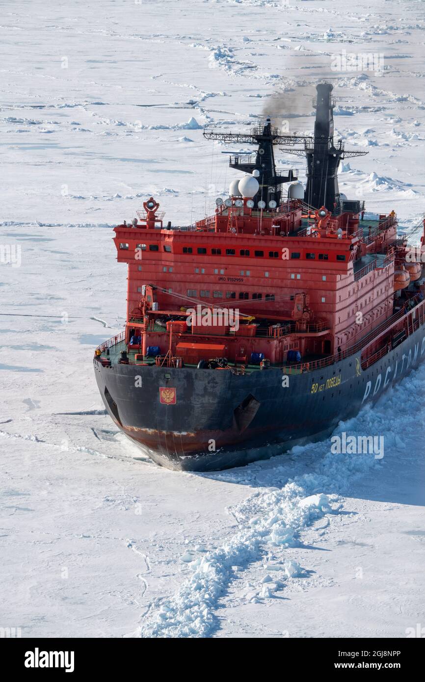 Russia. Aerial view of Russian nuclear icebreaker, 50 Years of Victory ...