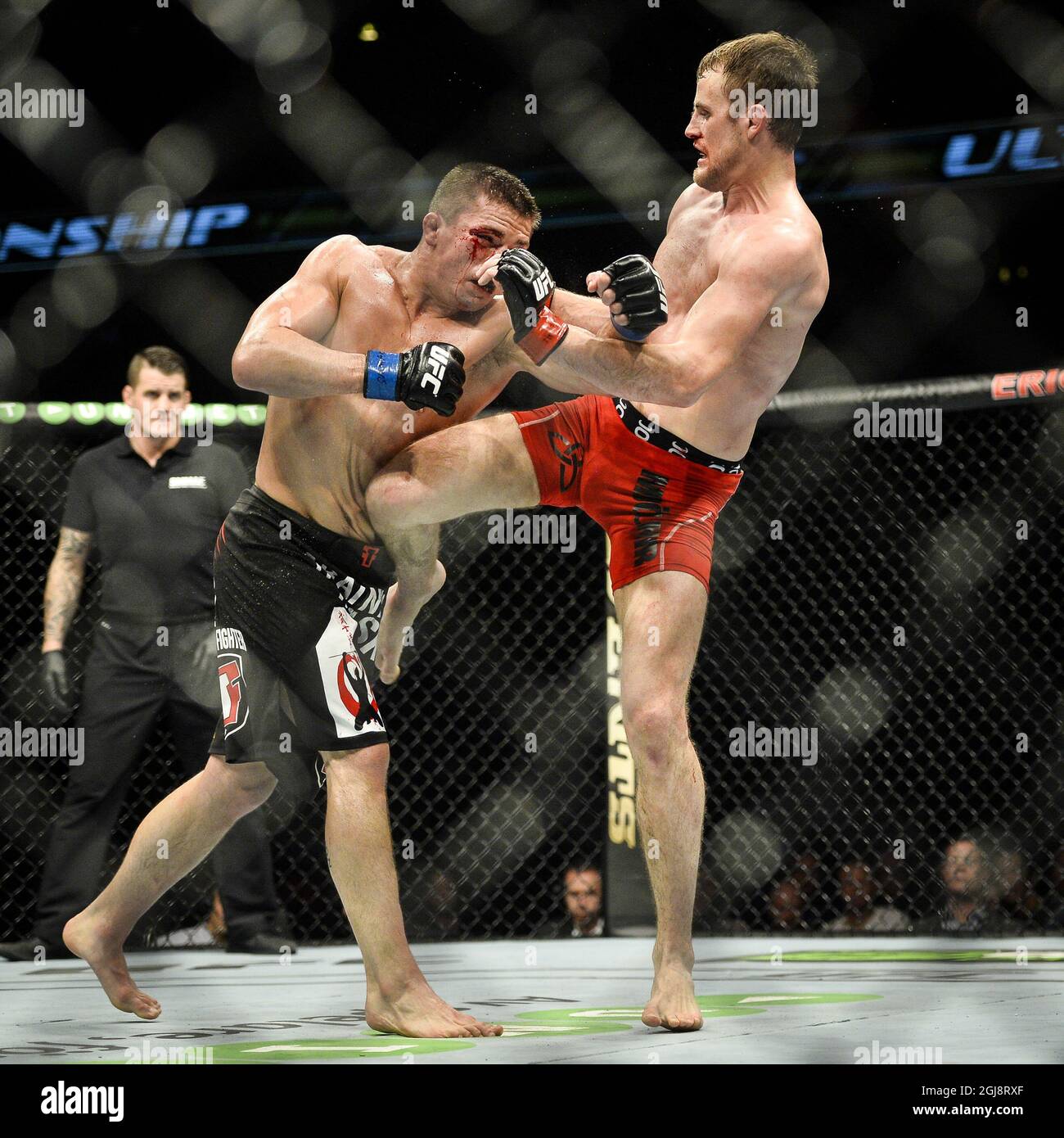 STOCKHOLM 2014-10-04 Rick Story (left) of USA fights Gunnar Nelson of ...