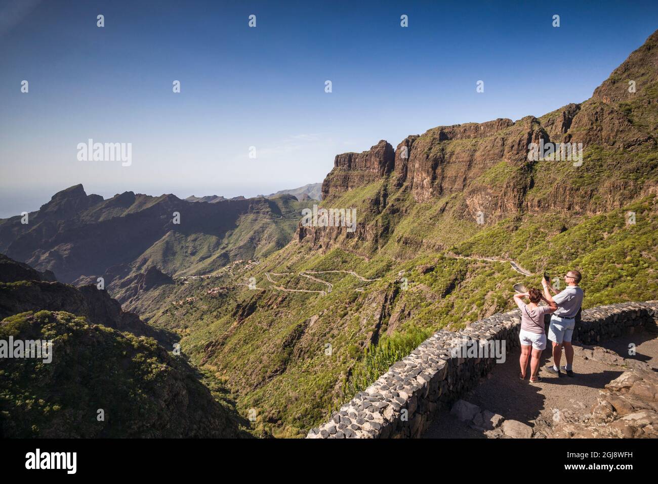 Spain, Canary Islands, Tenerife Island, Masca, elevated view of highway ...