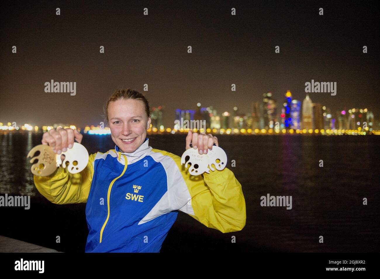 DOHA 2014-12-07 Swedish swimmer Sarah Sjostrom is showing her four ...