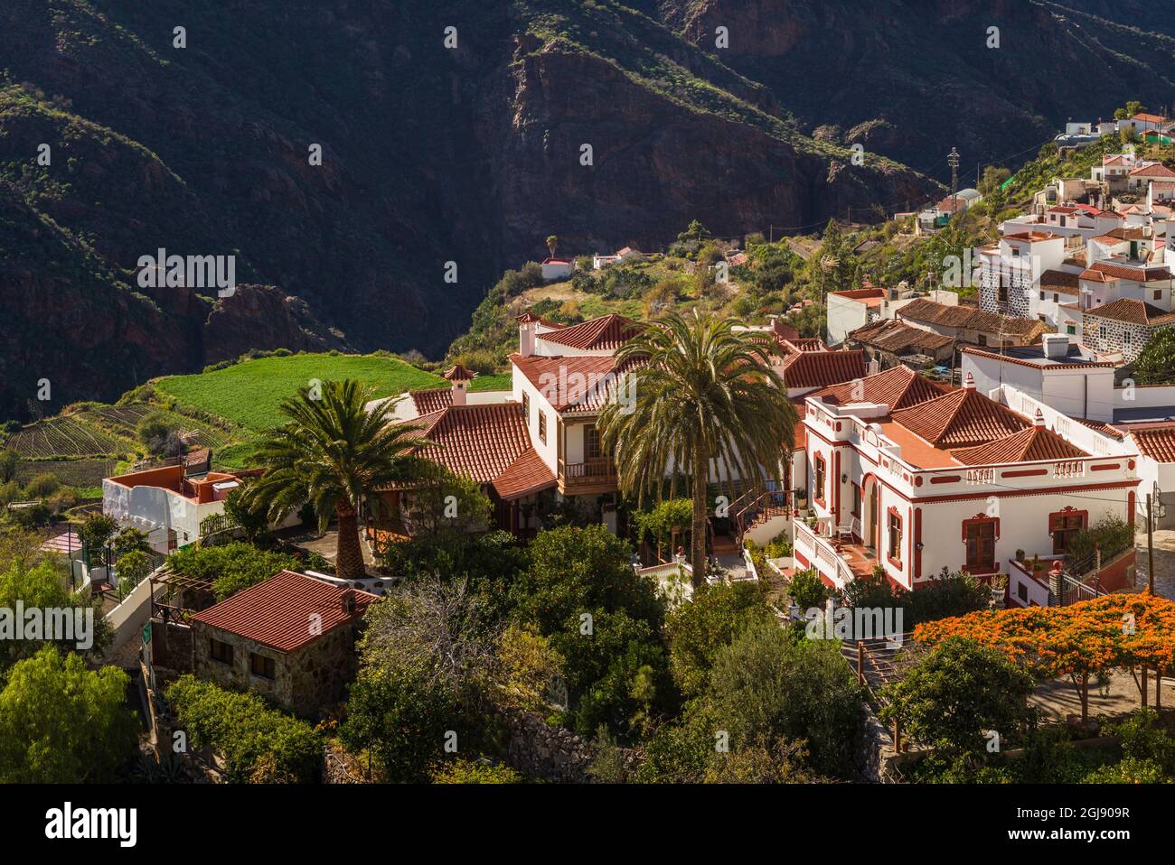 Spain, Canary Islands, Gran Canaria Island, Tejeda, elevated town view ...