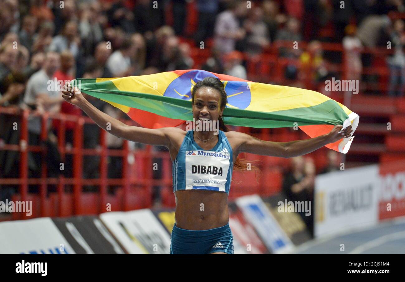 STOCKHOLM 2015-02-19 Genzebe Dibaba of Ethiopioa celebrates winning the ...