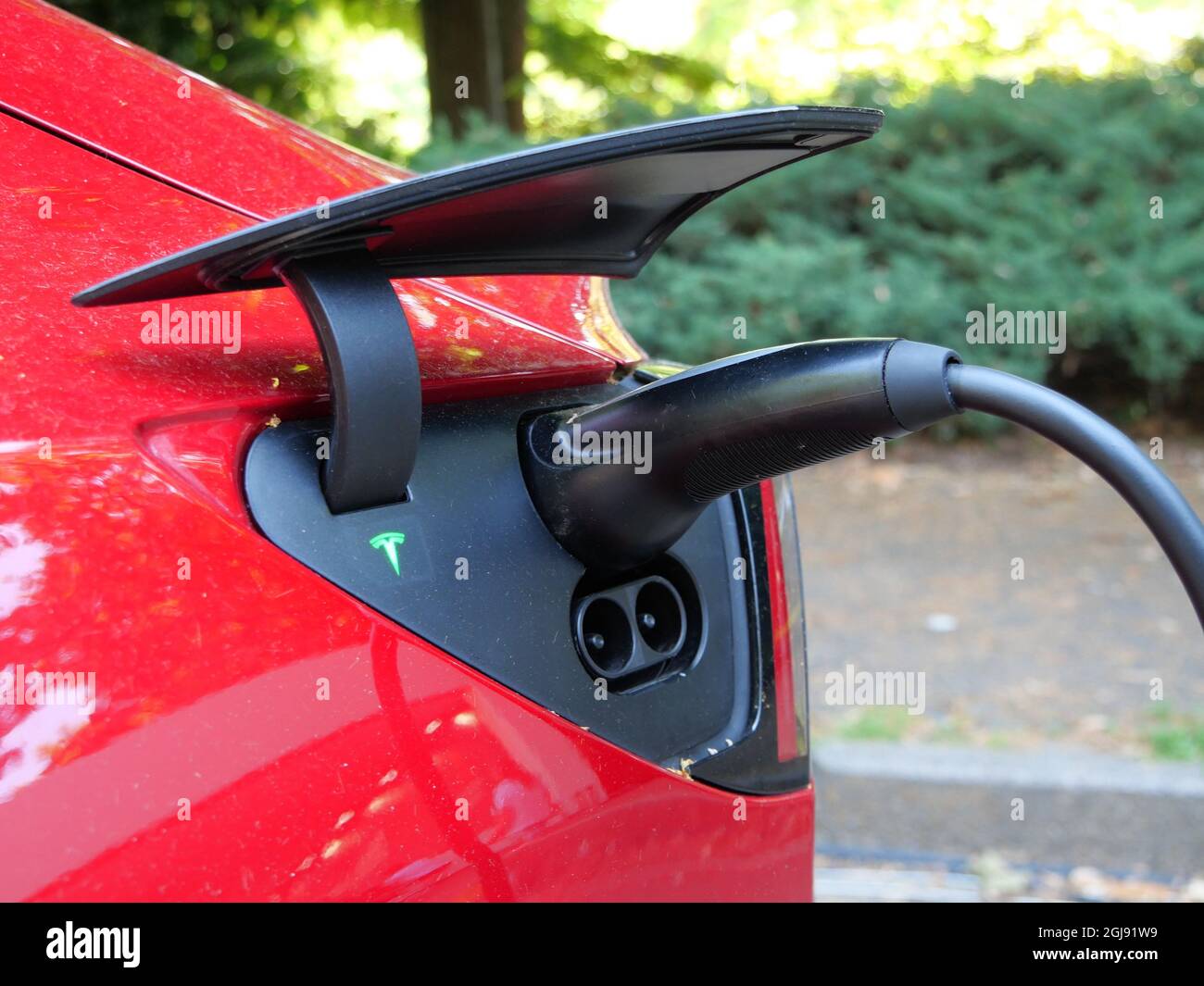 MILAN, ITALY - Jun 23, 2019: A closeup of Tesla electric car plug-in ...