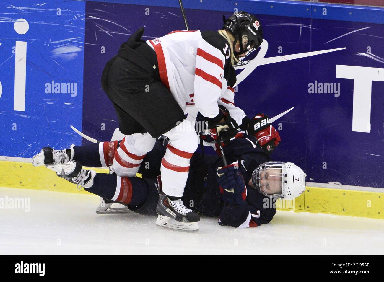 Canada's Bailey Bram with US Monique Lamoureux on the ice during the ...