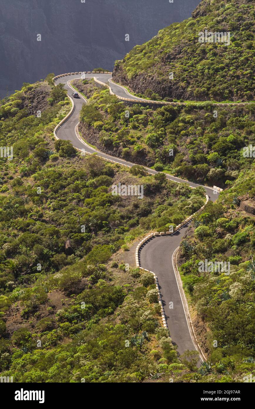 Spain, Canary Islands, Tenerife Island, Masca, elevated view of highway ...