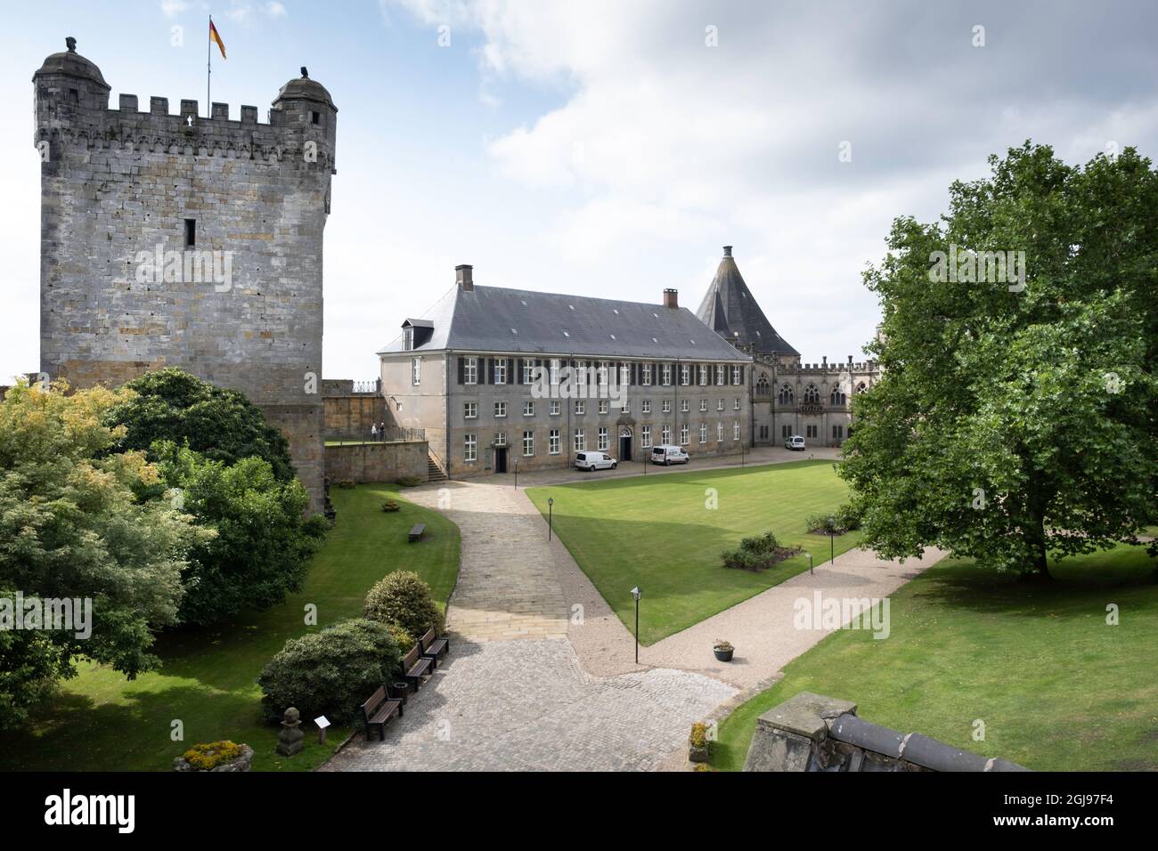 Courtyard with powder tower of the medieval Bentheim hill castle in ...