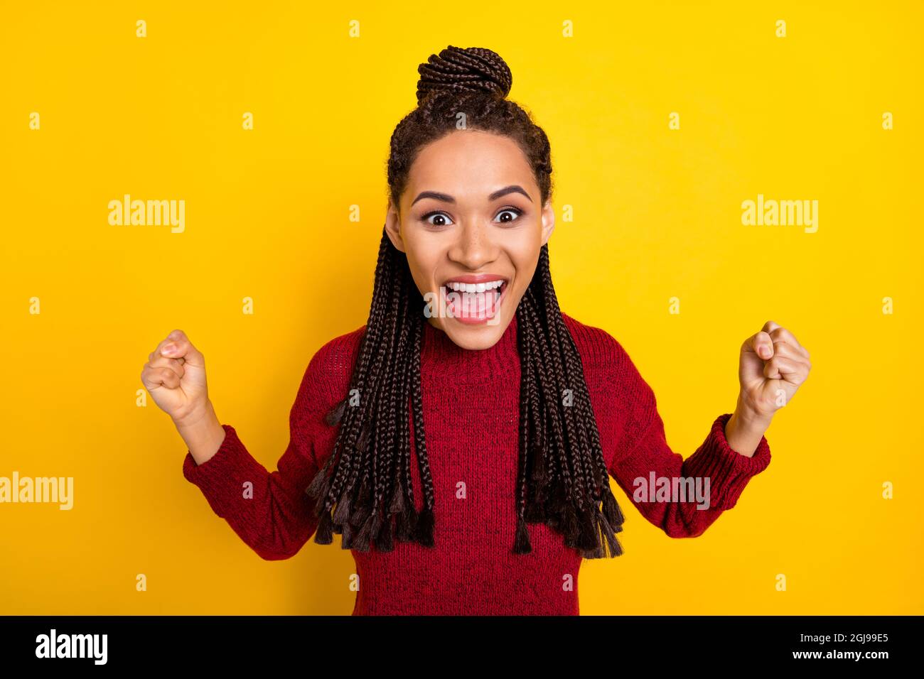 Photo of cute funny dark skin lady wear red pullover smiling shouting ...
