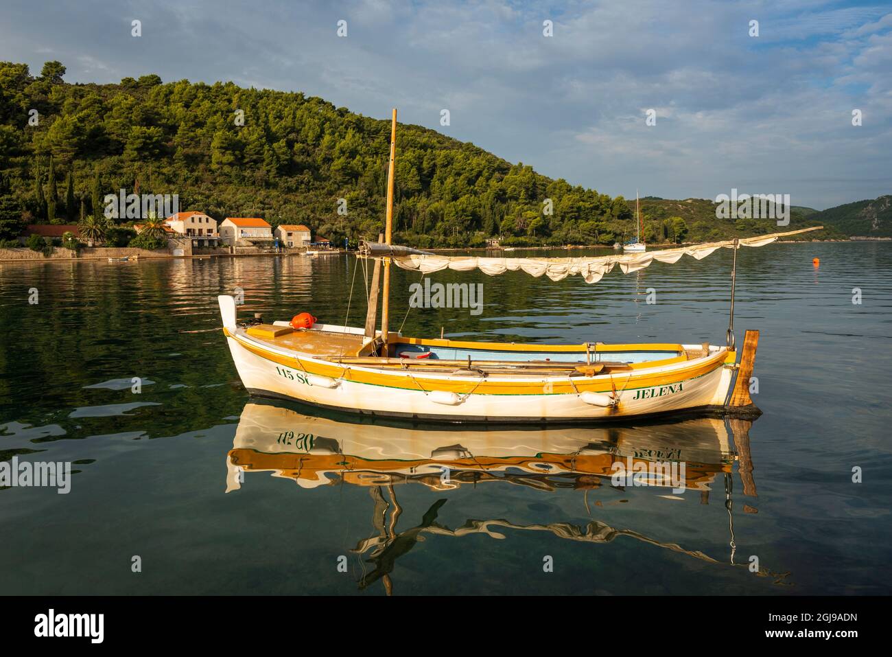 Fishing boat in the bay at Sipanska Luka, Sipan Island, Dalmatian Coast ...
