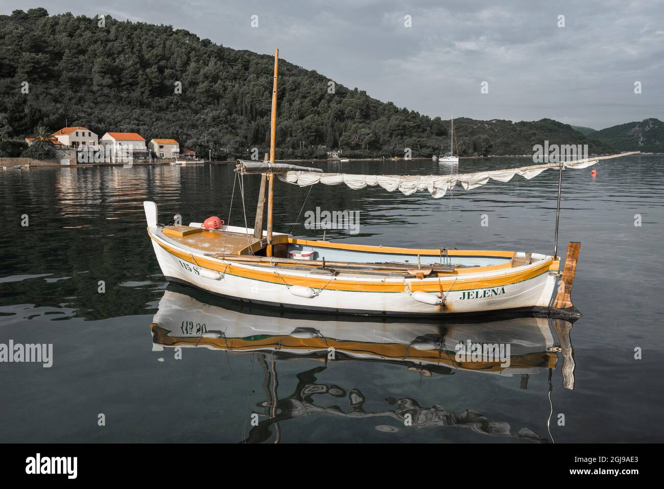 Fishing boat in the bay at Sipanska Luka, Sipan Island, Dalmatian Coast ...