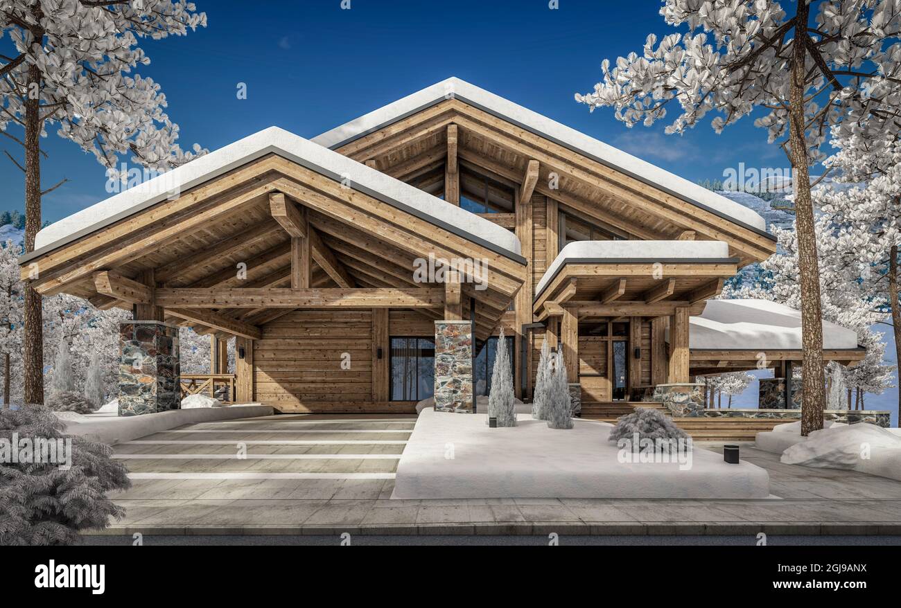 3d rendering of modern cozy chalet with pool and parking for sale or ...