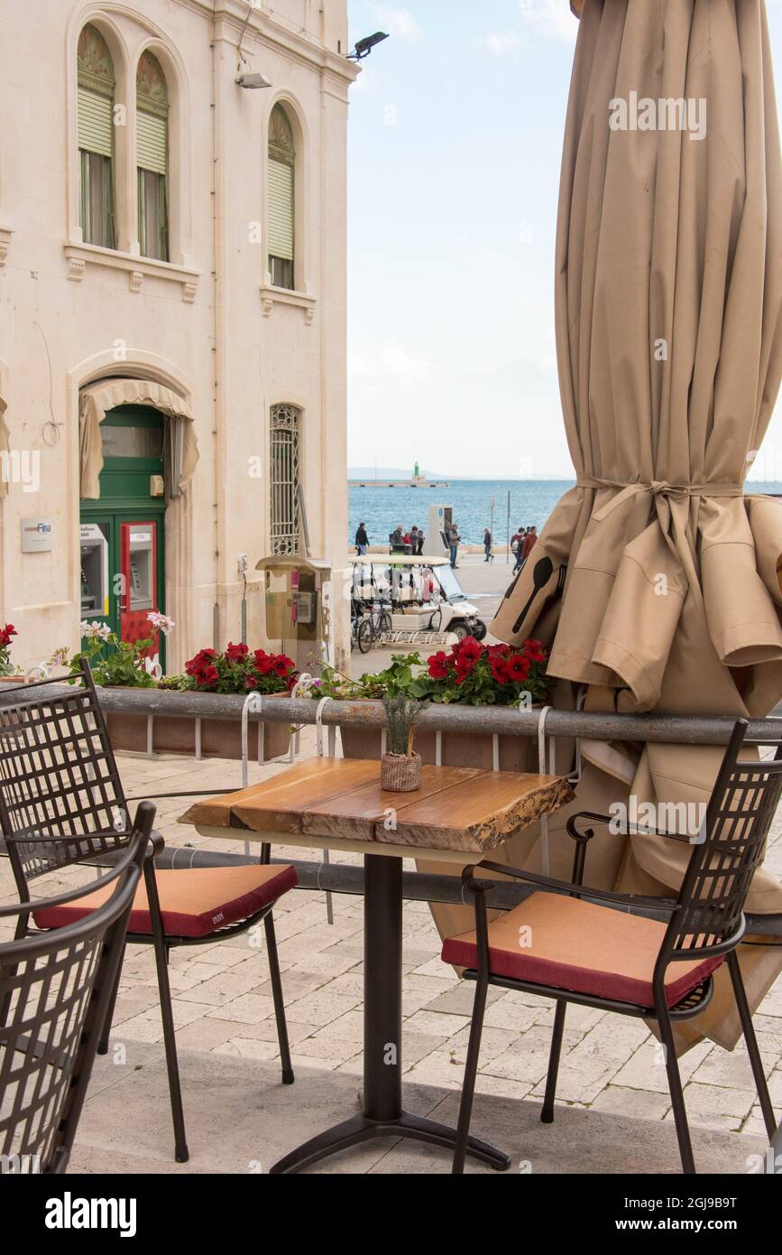 Croatia, Split. Republic Square cafe with view of marina and Adriatic ...