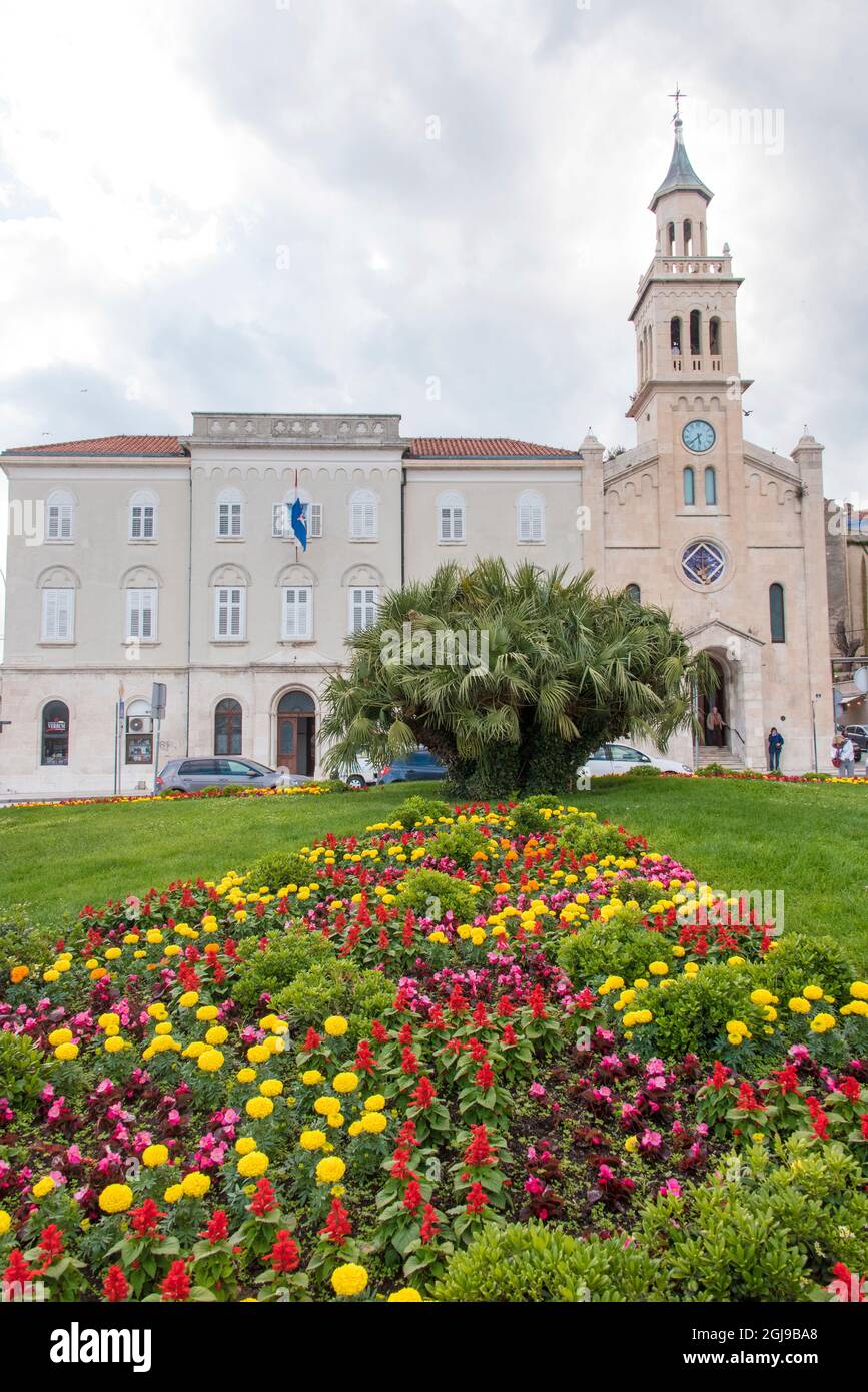 Croatia, Split. St. Frances church and monastery. Steeple framed by ...