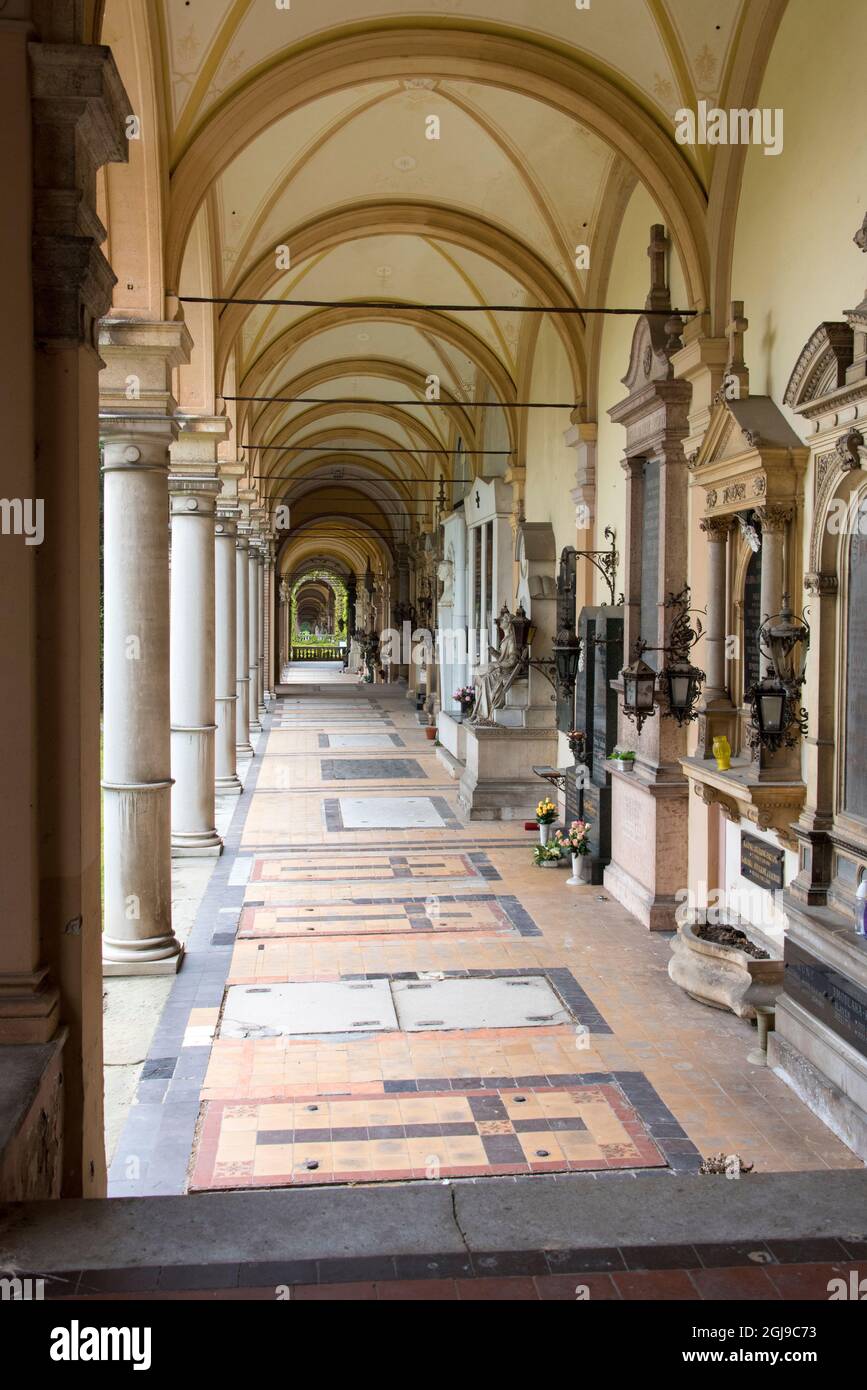 Croatia, Zagreb. Mirogoj Cemetery repeating patterns arches, columns ...