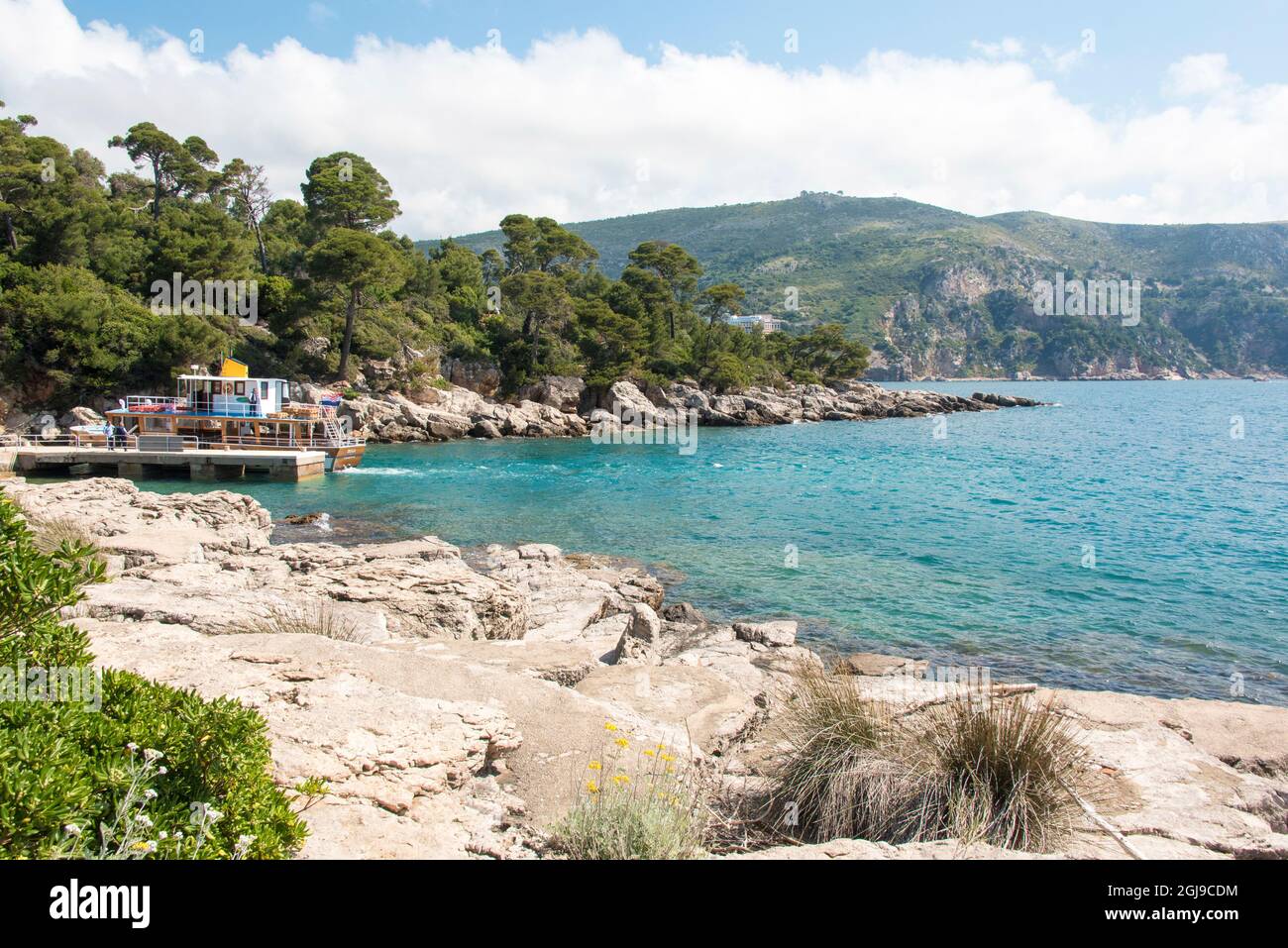 Croatia, Dubrovnik, Lokrum Island. Ferry dock in protected bay. View ...