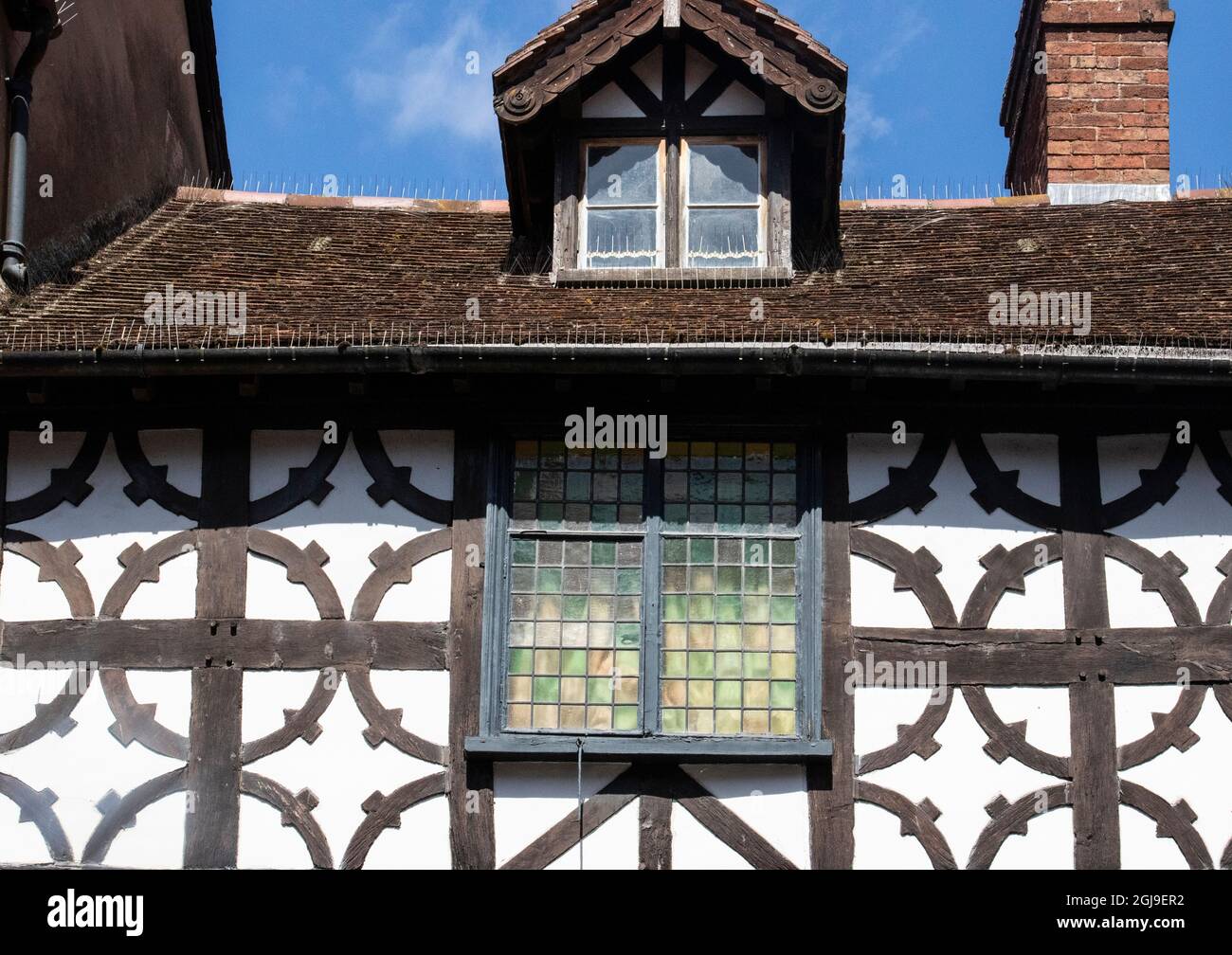 Detail of a medieval half timber house in the town of Glastonbury ...