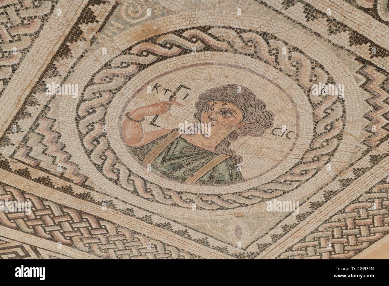 Cyprus, archaeological site of Kourion. Detail of ancient Roman mosaic ...